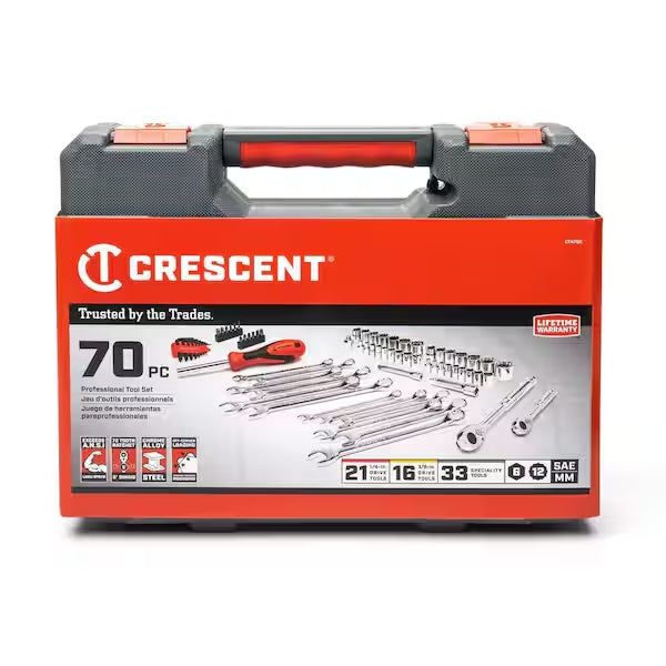 Crescent 70-Piece 1/4" & 3/8" Dr. 6 & 12-Point Mechanics Tool Set SAE/ – Tool Pass Pro