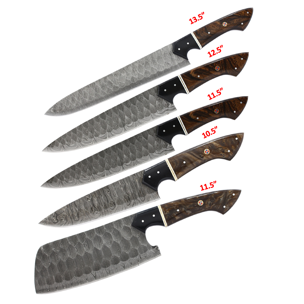 The Bone Edge 5PC Damascus Forged Blade Chef's Knife Set - Brown & Bla ...